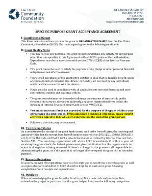 Fillable Online SPECIFIC PURPOSE GRANT ACCEPTANCE AGREEMENT Fax Email ...