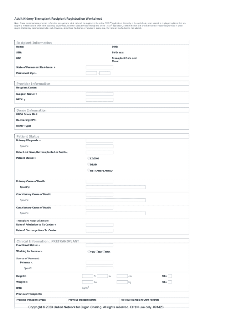 Fillable Online Adult Kidney Transplant Recipient Registration Worksheet Fax Email Print - pdfFiller