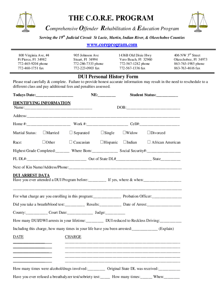 Fillable Online DUI Personal History Form.doc Fax Email Print - pdfFiller