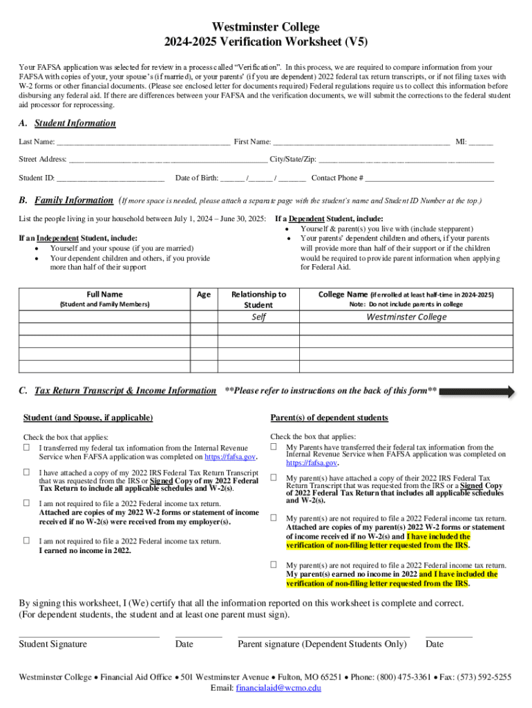 Fillable Online Westminster College 2024-2025 Verification Worksheet ...