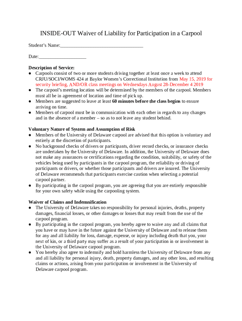 Carpool Waiver - Fill Online, Printable, , Blank ... Doc Template ...