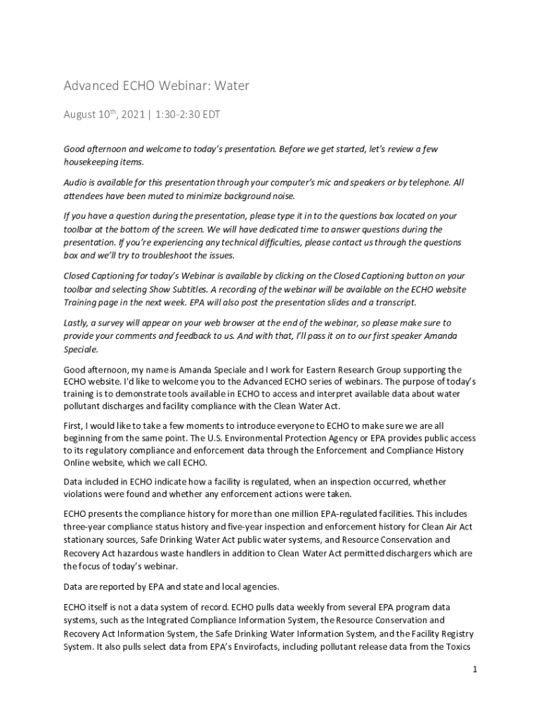 Fillable Online Register for the Upcoming ECHO Webinar: Drinking Water ...