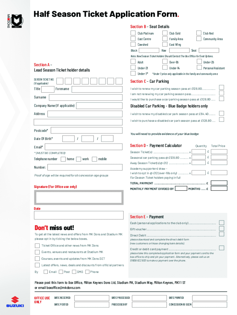Fillable Online Half Season Ticket Application Form. Fax Email Print ...