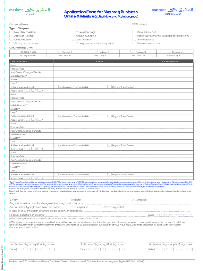 Fillable Online Application Form for Mashreq Business Online & Mashreq ...
