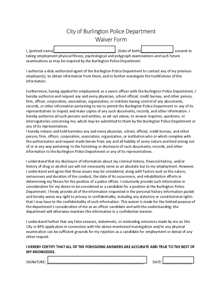 Fillable Online City of Burlington Police Department Waiver Form Fax ...