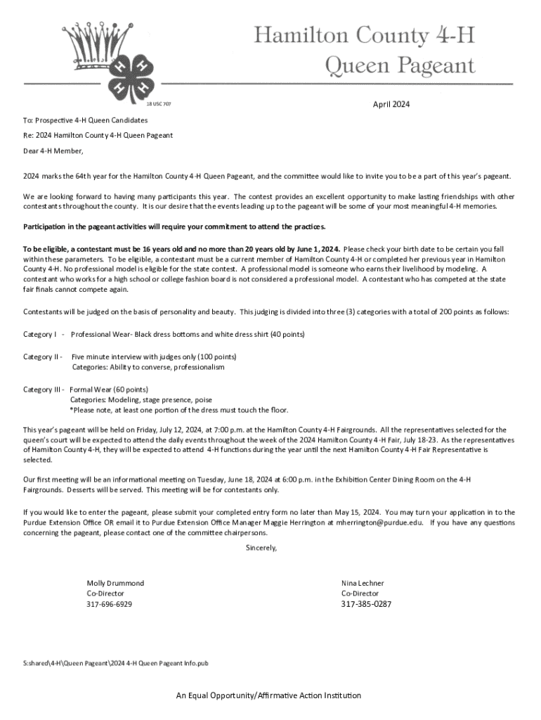 Fillable Online extension purdue Hamilton County Fair Queen entries are now accepted Fax Email ...