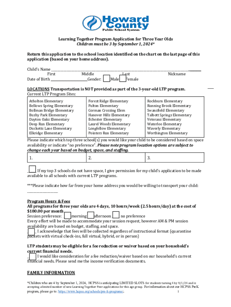 Fillable Online 2024 3 Year Old Learning Together Program Application ...