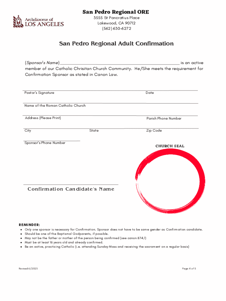 Fillable Online Adult Confirmation - Saint Peter's of Alcantara Catholic Church Fax Email Print ...