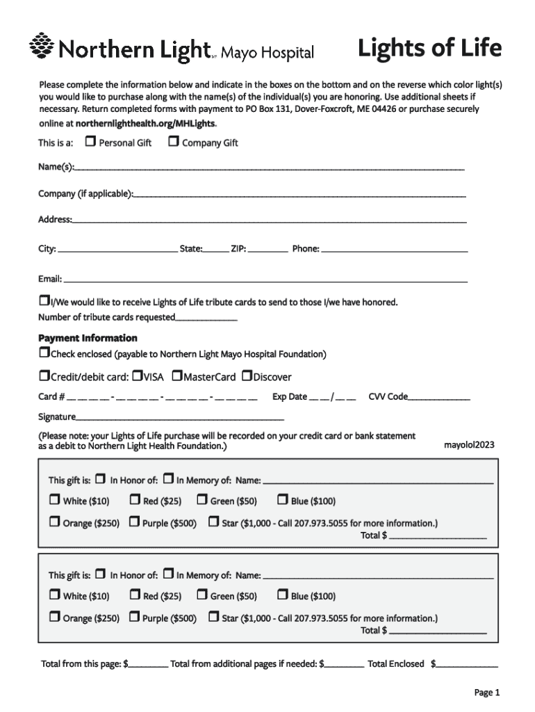 Fillable Online Mayo Lights of Life Order Form for Web Fax Email Print ...
