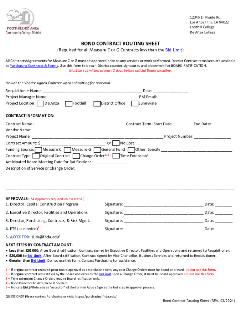 Fillable Online purchasing fhda BOND CONTRACT ROUTING SHEET Fax Email ...