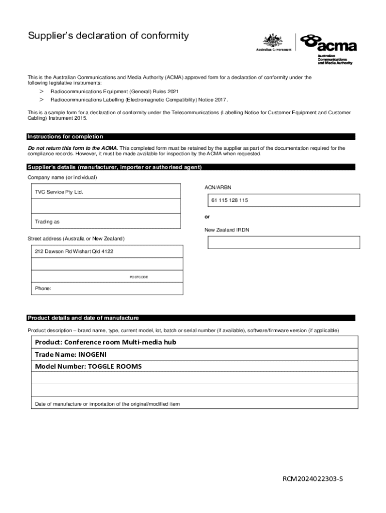 Fillable Online Fillable Online Suppliers declaration of conformity Fax ...