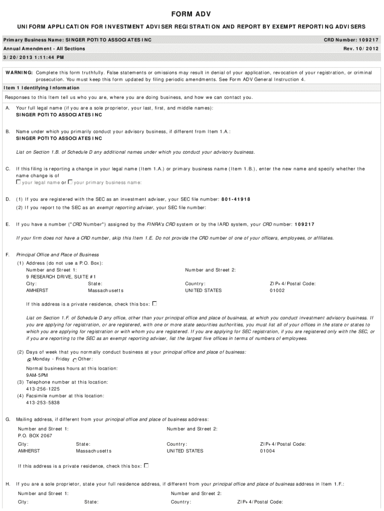 Fillable Online Primary Business Name: SINGER POTITO ASSOCIATES INC Fax ...