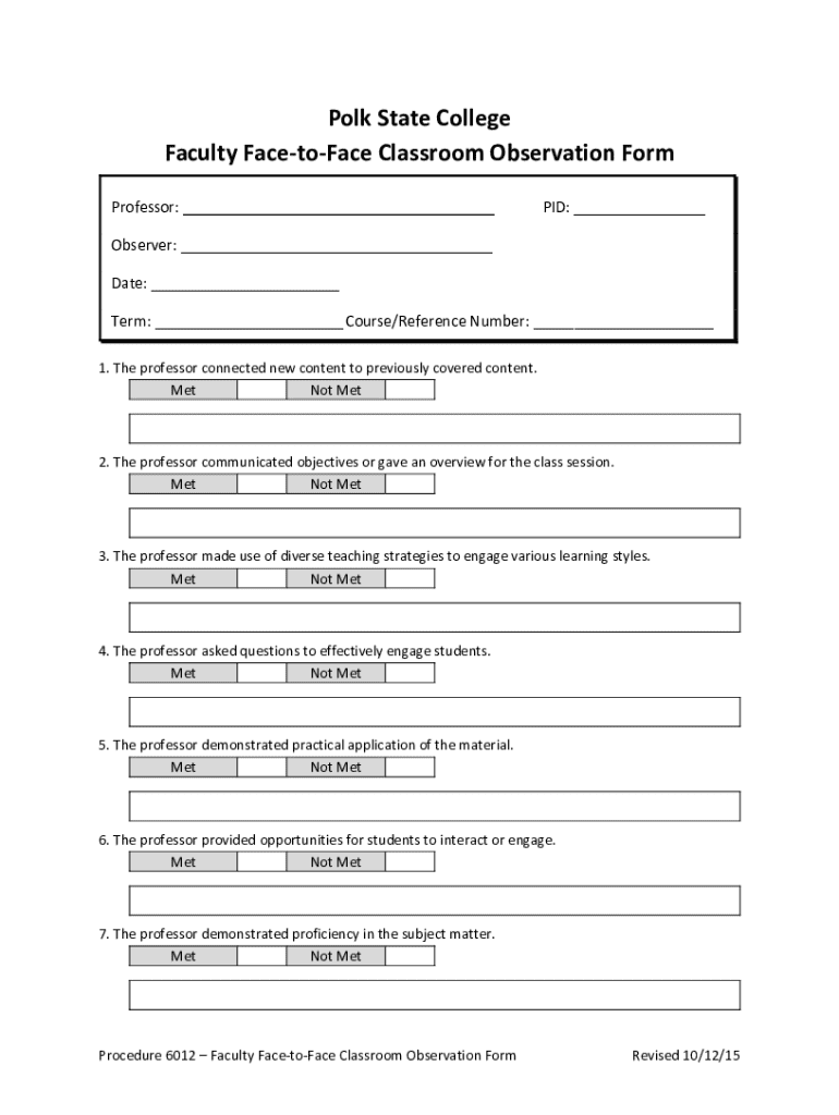 Fillable Online Polk State College Faculty Face-to-Face Classroom Observation Form Fax Email ...