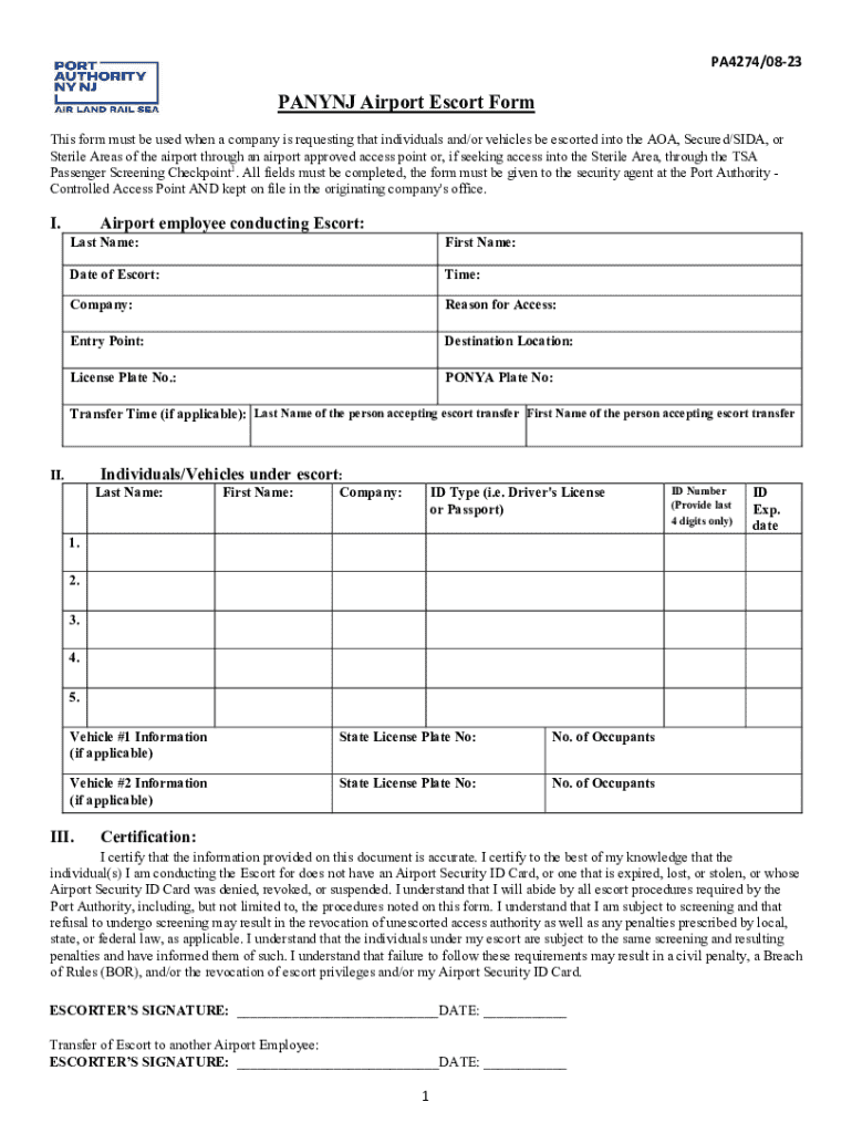 Fillable Online PANYNJ Airport Escort Form Fax Email Print - pdfFiller