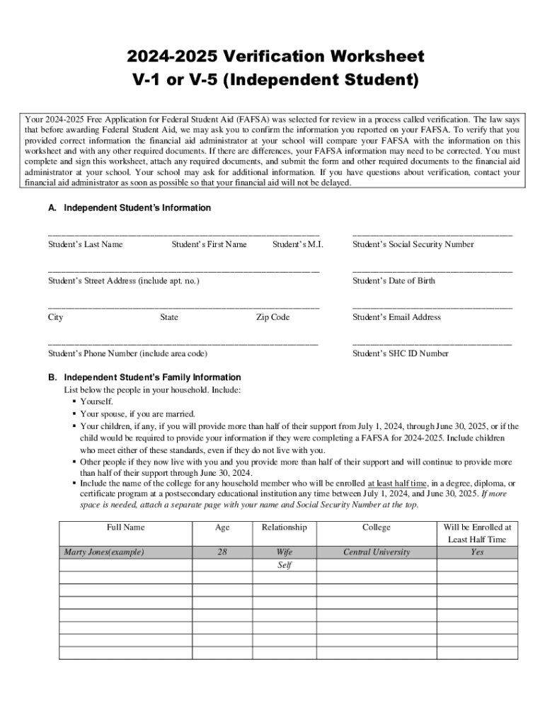 Fillable Online 2024-2025 Independent Verification Worksheet (V1, V5) Fax Email Print - pdfFiller