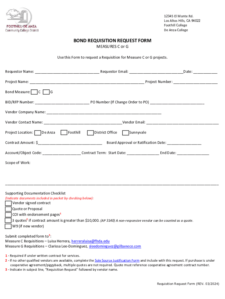 Fillable Online purchasing fhda BOND REQUISITION REQUEST FORM Fax Email Print - pdfFiller