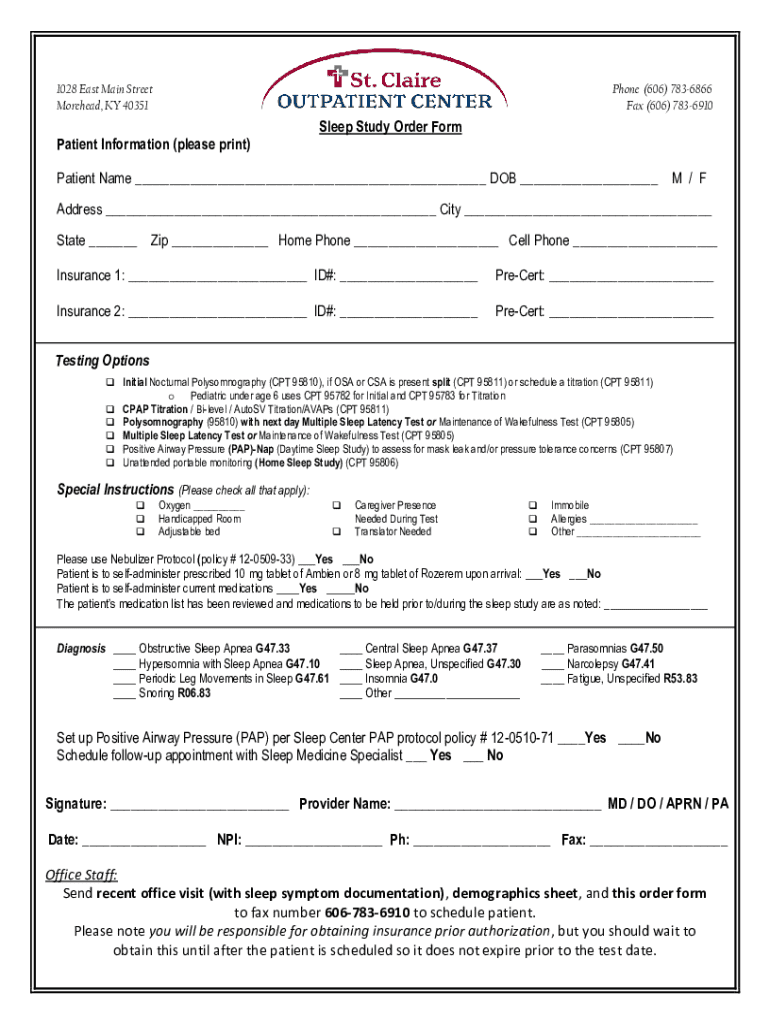 Fillable Online SCH Sleep Study Order Form Fax Email Print - pdfFiller