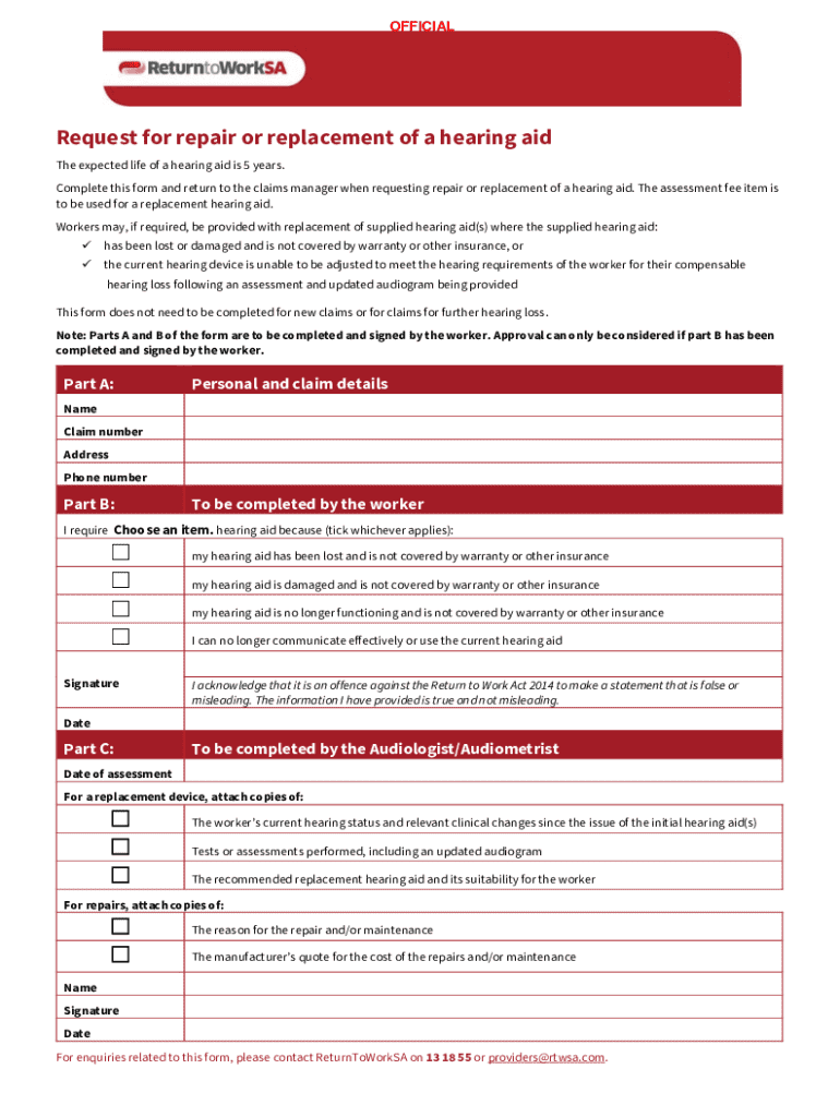 Fillable Online Request for Repair or Replacement Hearing Aid form Fax ...