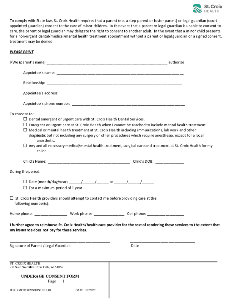 Fillable Online UNDERAGE CONSENT FORM Page 1 To ... Fax Email Print ...