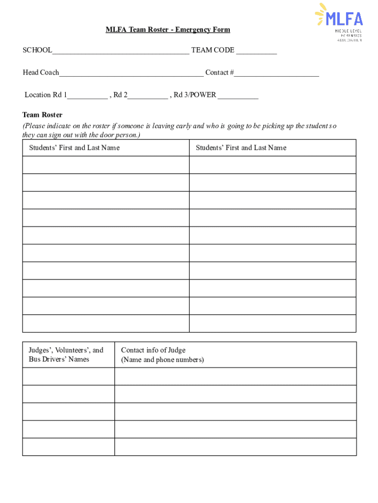 Fillable Online Emergency Form - MLFA Team Roster Fax Email Print ...