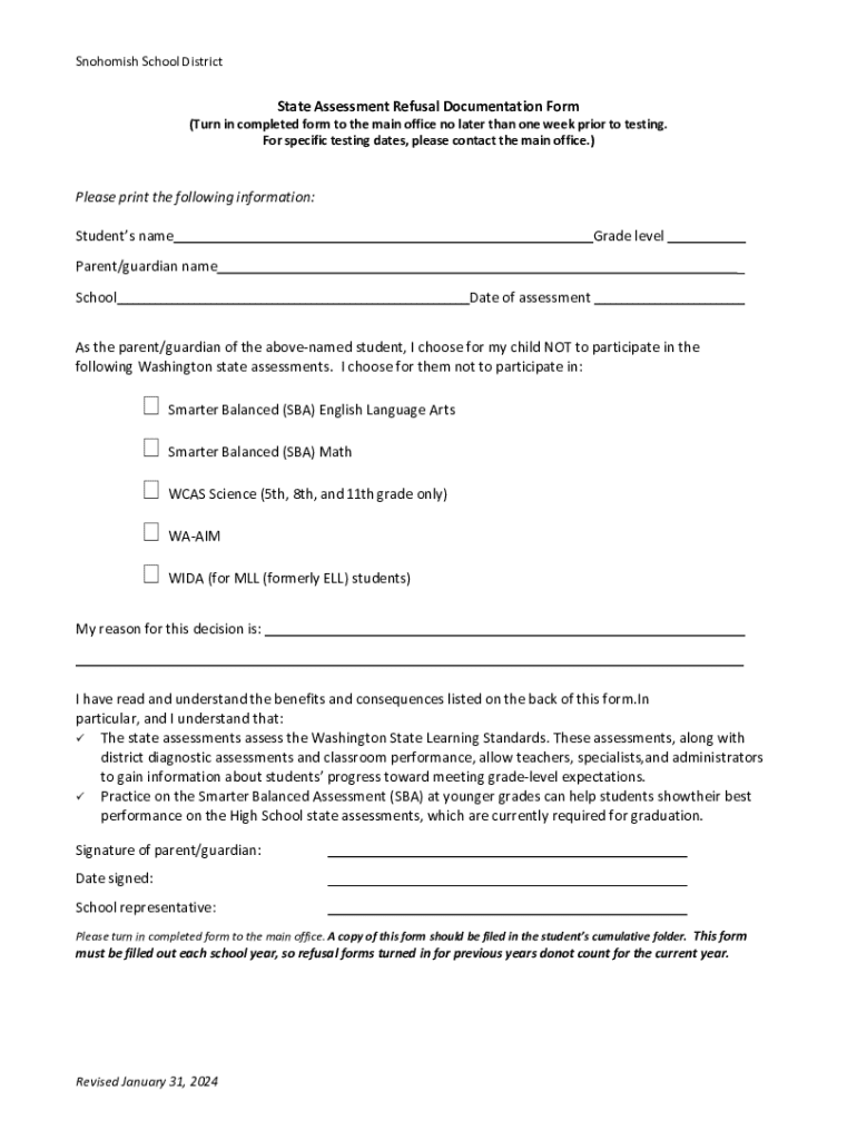 Fillable Online State Assessment Refusal Documentation Form. State Assessment Refusal ...