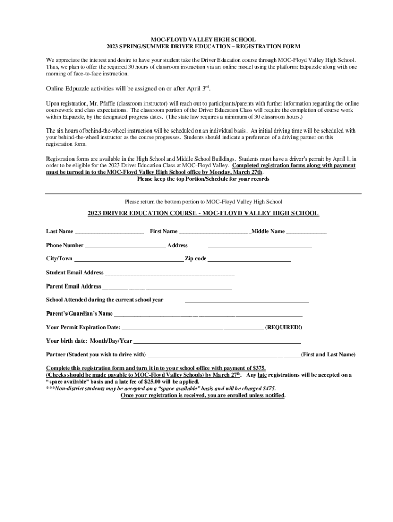Fillable Online 2023 SPRING/SUMMER DRIVER EDUCATION REGISTRATION FORM ...
