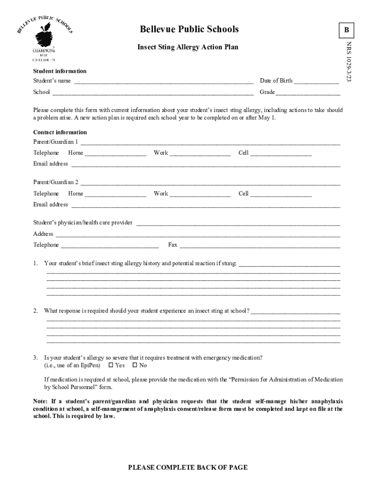 Fillable Online Bellevue Public Schools - Insect Sting Allergy Action ...
