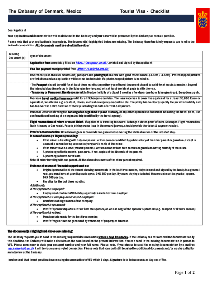 Fillable Online The Embassy of Denmark, Mexico Tourist Visa - Checklist ...