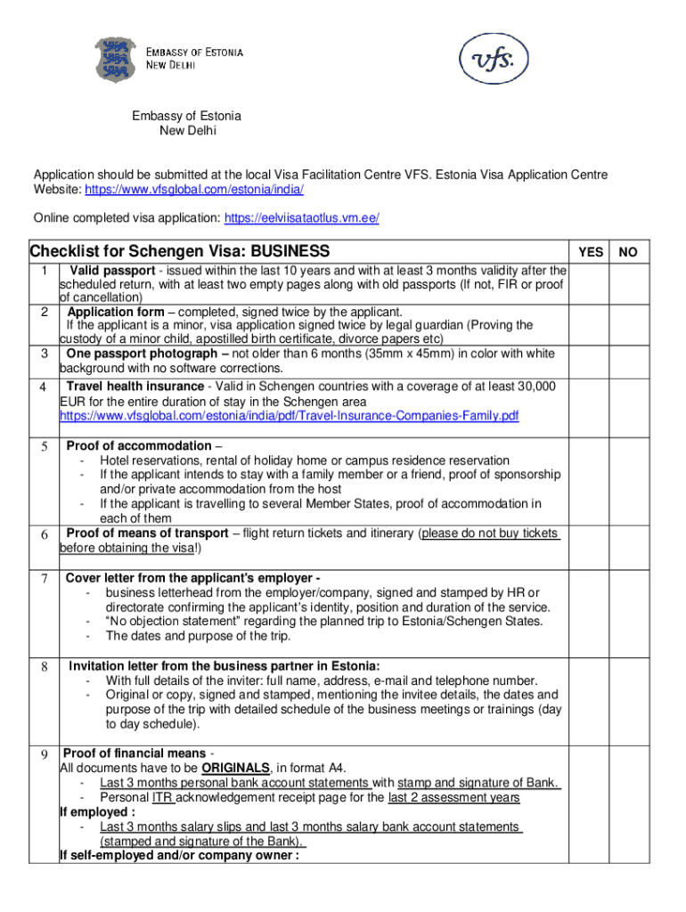 Fillable Online Checklist for Schengen Visa - Estonian Embassy in New ...