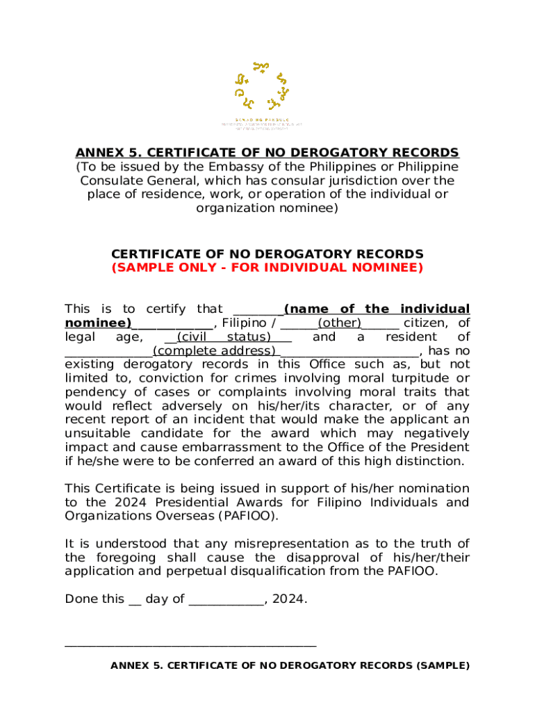Sample Certificate of No Derogatory Records - presidentialawards cfo ...