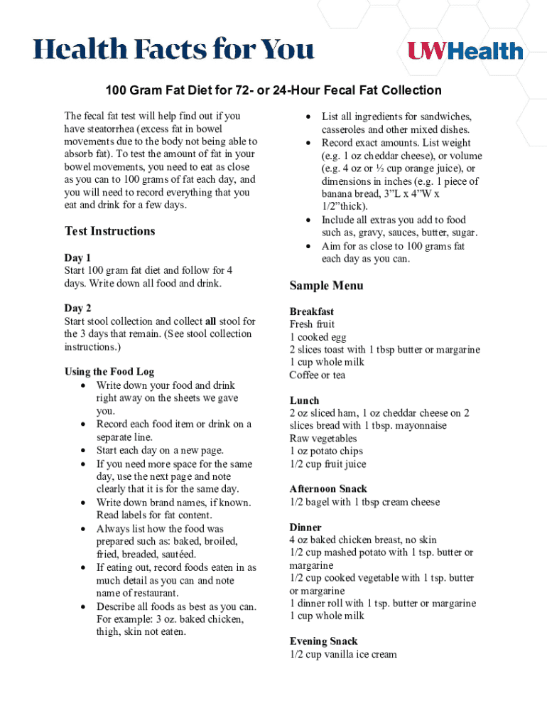 100 gram Fat Diet (for a 24 or 72 hour Stool Fecal: Fill out & sign ...