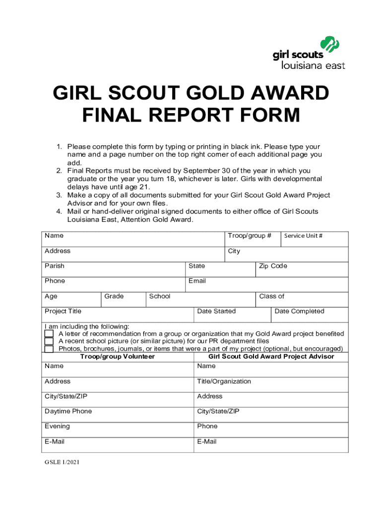 Fillable Online GIRL SCOUT GOLD AWARD FINAL REPORT FORM Fax Email Print - pdfFiller