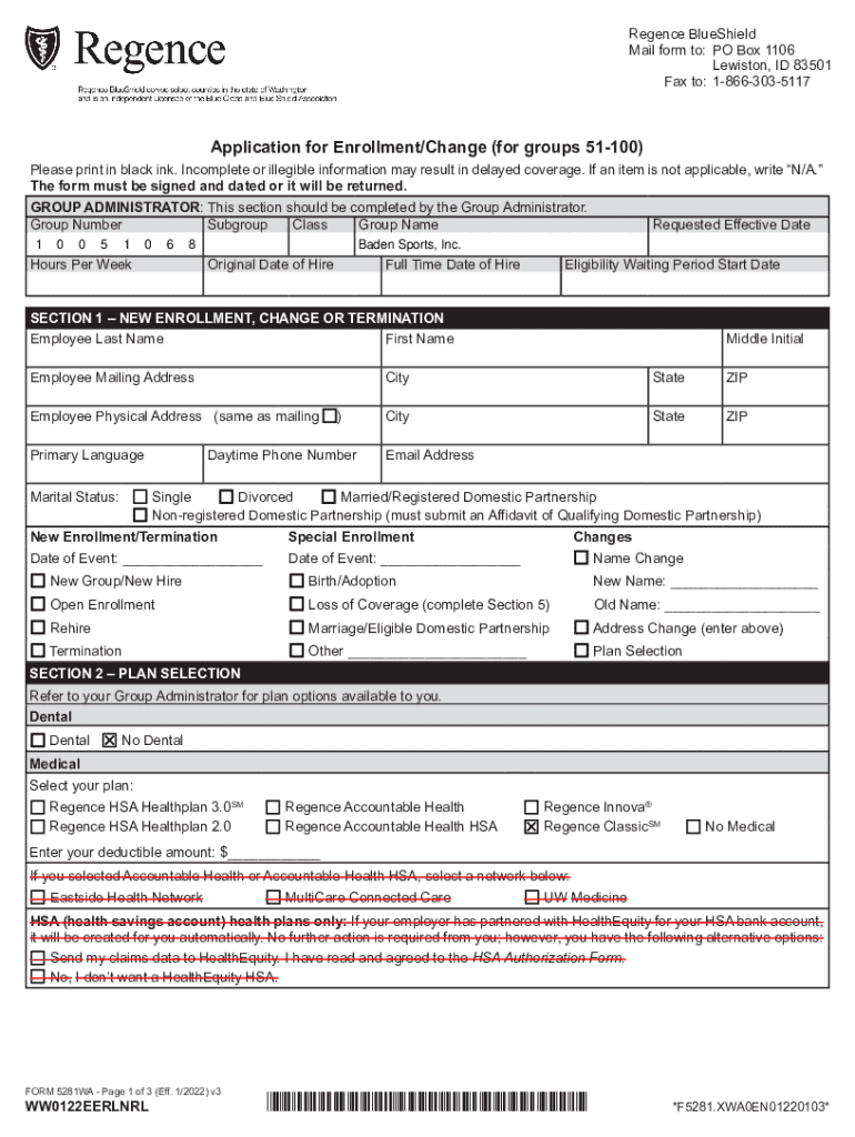 Fillable Online 2022 Regence BlueShield Application for Enrollment/Change (for groups 51-100 ...