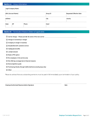 Fillable Online Employer Termination Request Form. Employer Termination ...