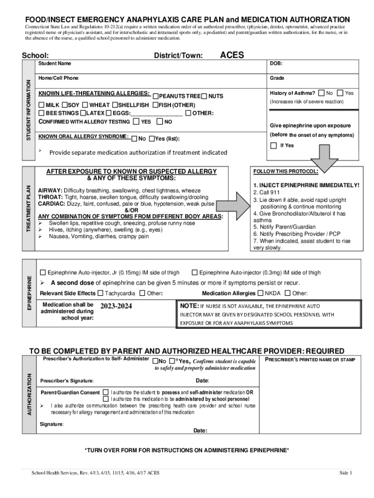 Fillable Online Emergency Allergy Care Plan Medication Authorization ...