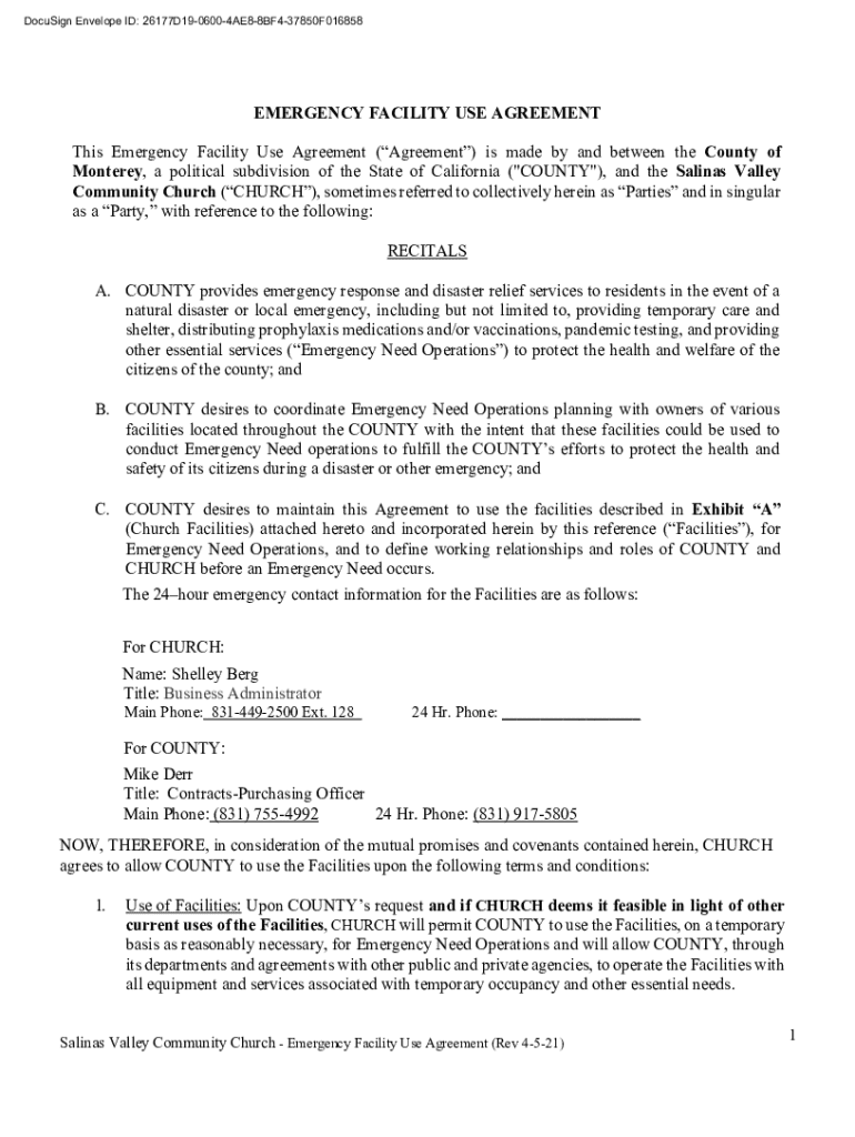 Fillable Online EMERGENCY FACILITY USE AGREEMENT Fax Email Print - pdfFiller