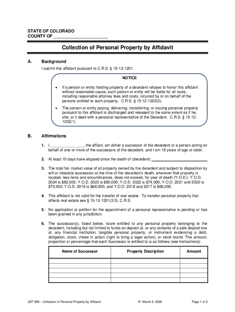 Fillable Online State of Colorado Affidavit for Collection of Personal ...