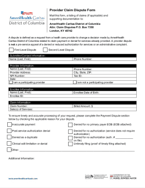 Fillable Online Provider Claim Dispute Form - AmeriHealth Caritas ...