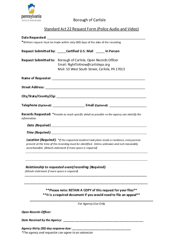 Fillable Online Act 22- Law Enforcement Recording Request Form Fax ...