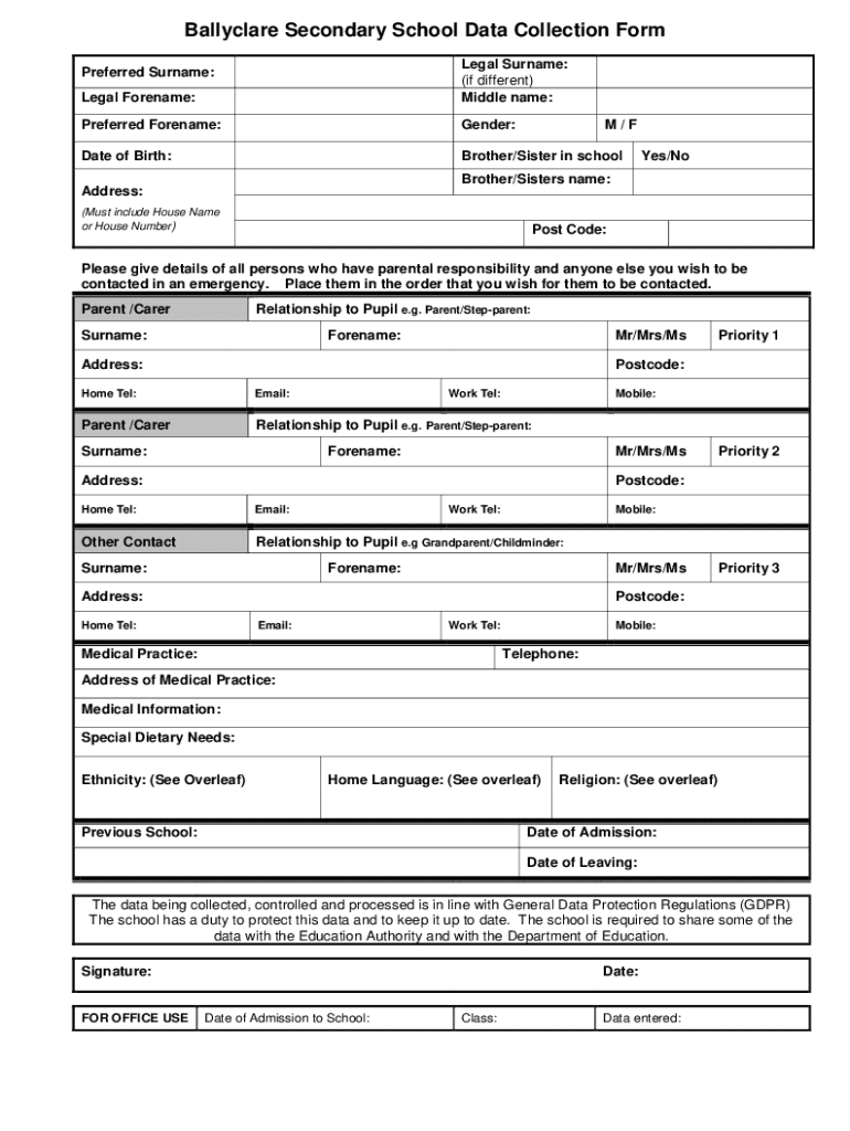Fillable Online ballyclaresecondary co SIMS.net Blank Data Collection ...