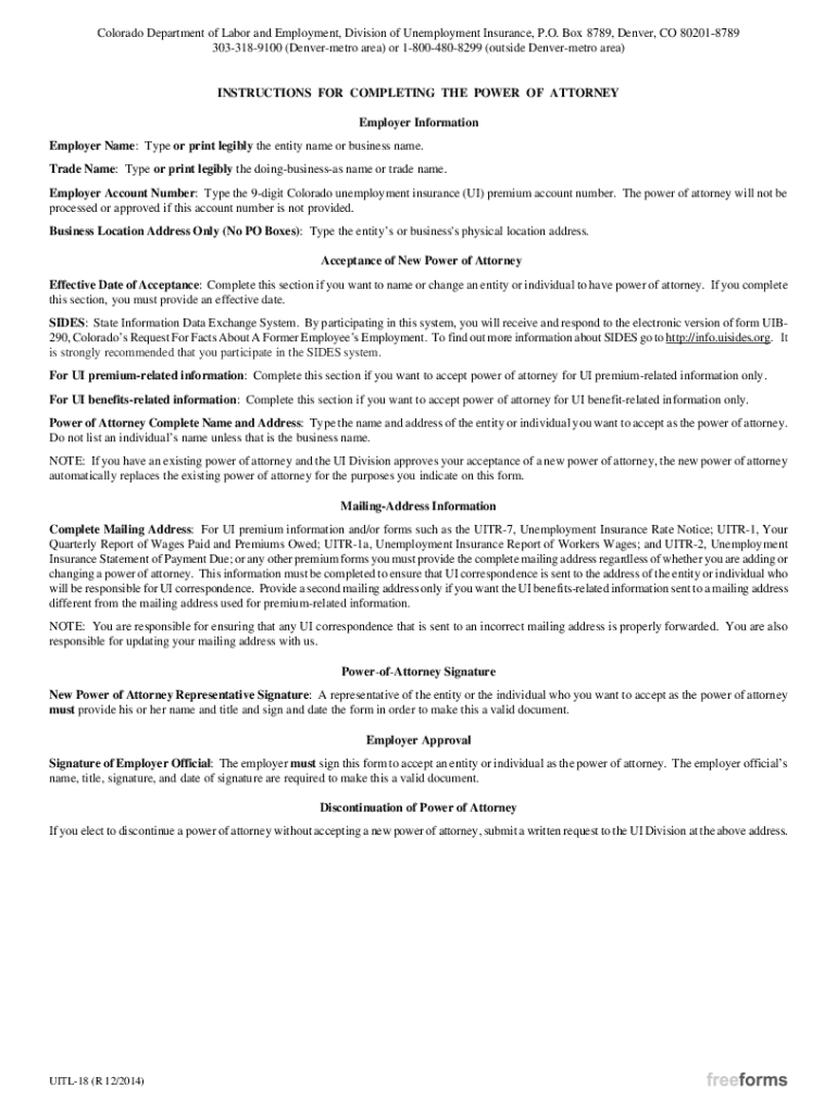 Fillable Online Colorado Unemployment Power of Attorney (Form UITL-18 ...