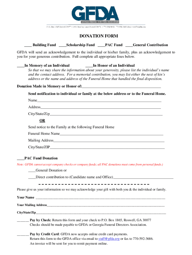 Fillable Online Donation Form-In Memoriam, Building, Scholarship, PAC ...