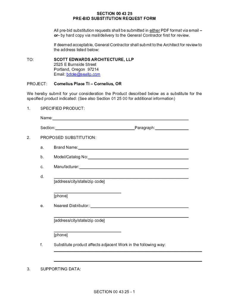Fillable Online SECTION 00 43 25 PRE-BID SUBSTITUTION REQUEST FORM ...