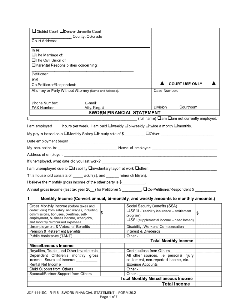 Fillable Online JDF 1111 SC - Sworn Financial Statement. Sworn ...