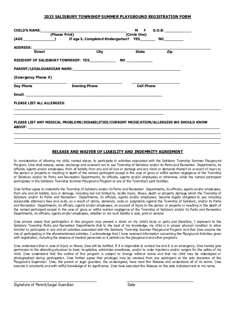 Fillable Online 2023 SALISBURY TOWNSHIP SUMMER PLAYGROUND REGISTRATION FORM Fax Email Print ...