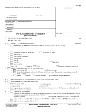 Fillable Online UD-115 STIPULATION FOR ENTRY OF JUDGMENT (Unlawful ...