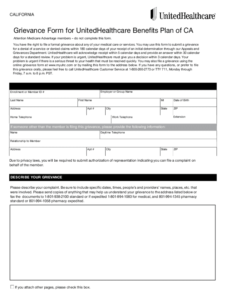 Fillable Online Grievance Form for UnitedHealthcare Benefits Plan of CA ...