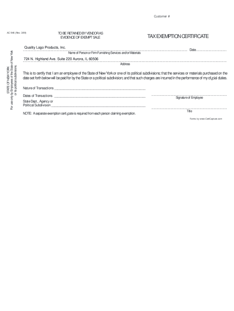 Fillable Online Tax Exemption Certificate - New York State Comptroller ...