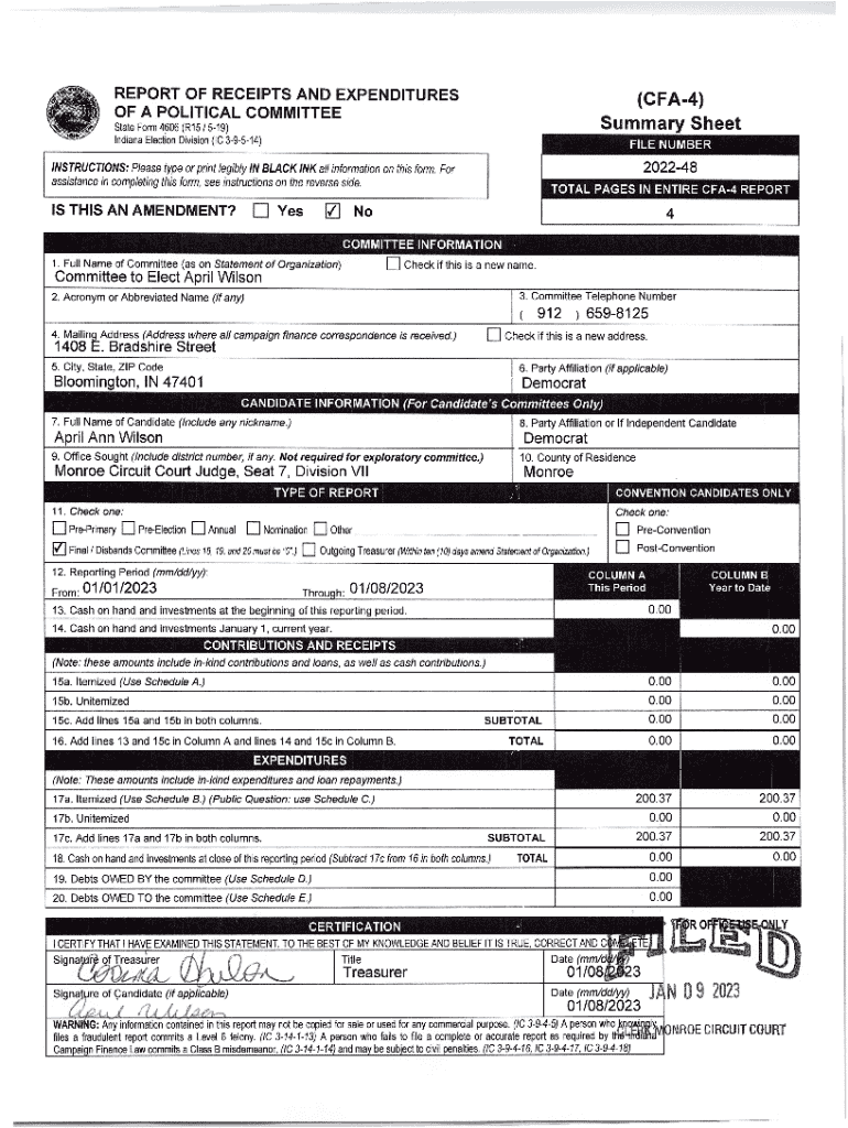 Fillable Online Fillable Online (CFA-4) Summary Sheet - Wayne County Indiana ... Fax Email Print ...