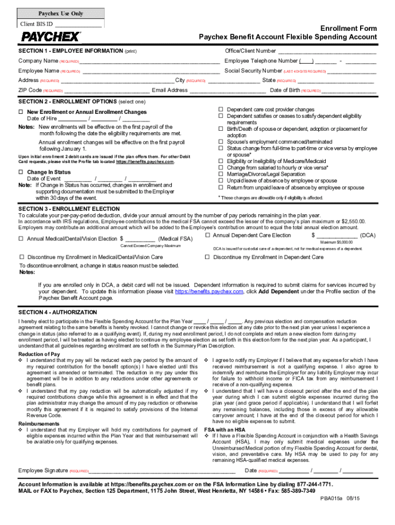 Fillable Online enrollment/waiver form paychex premium only plan Fax ...